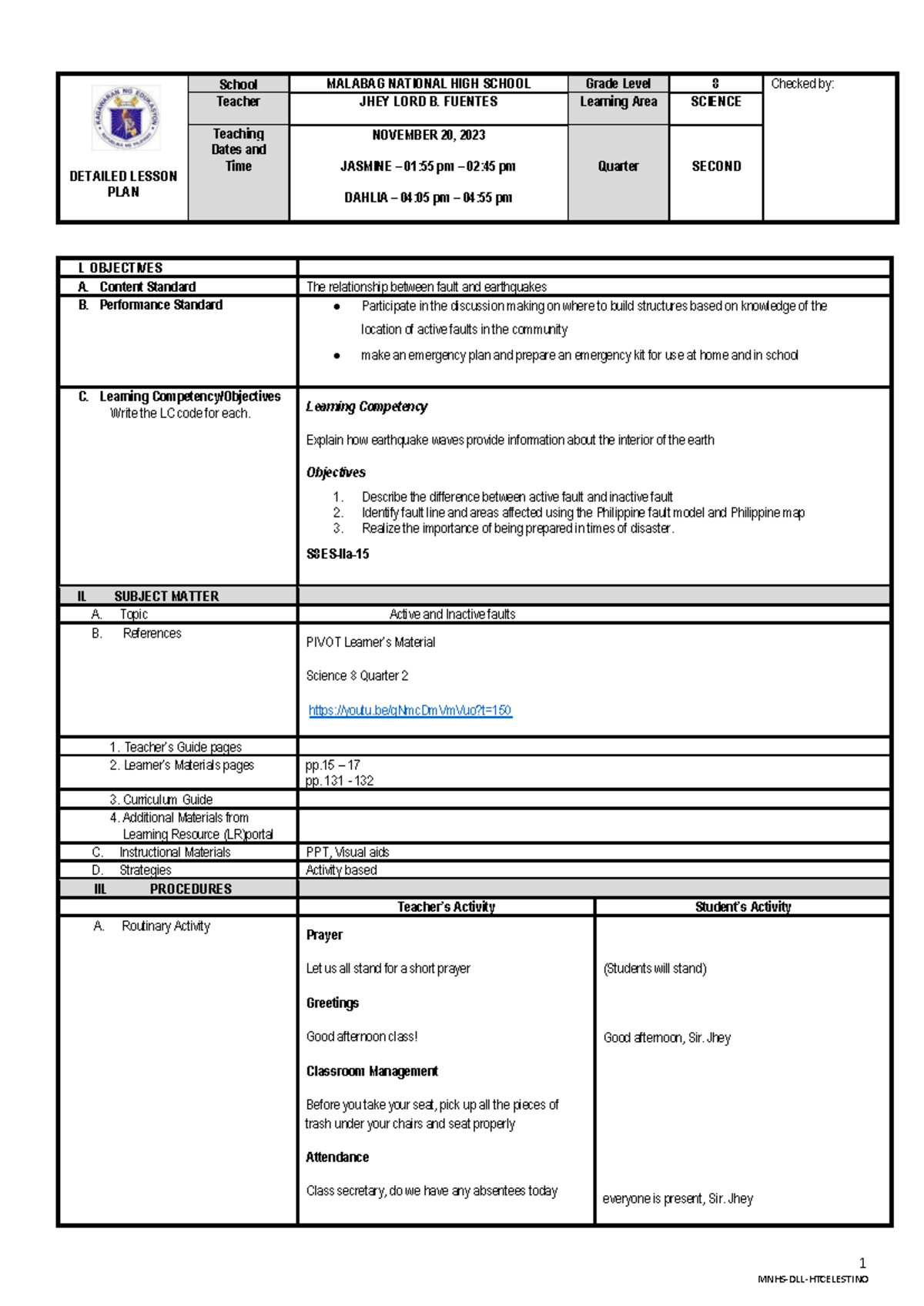 Lesson Plan on Active vs. Inactive Faults (SCI 8) - Studocu