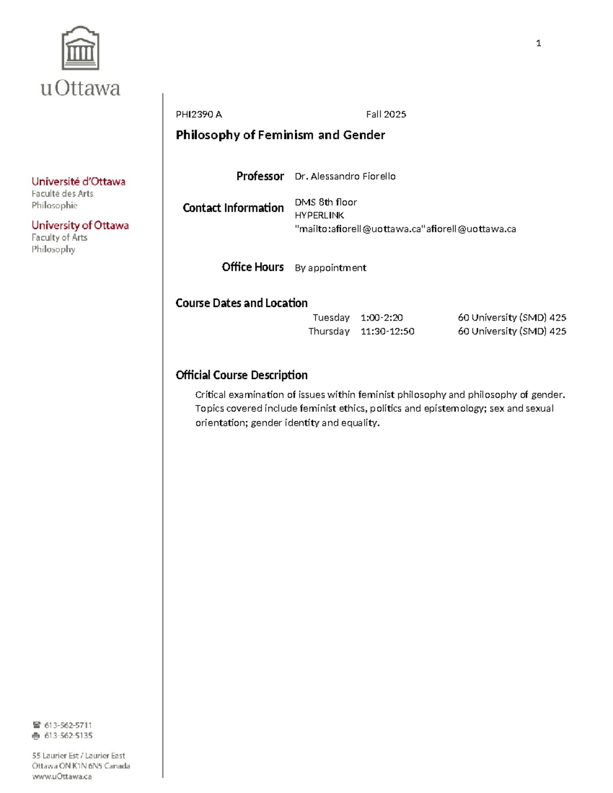 PHI2390 A Fall 2025 Syllabus: Philosophy of Feminism & Gender - Studocu