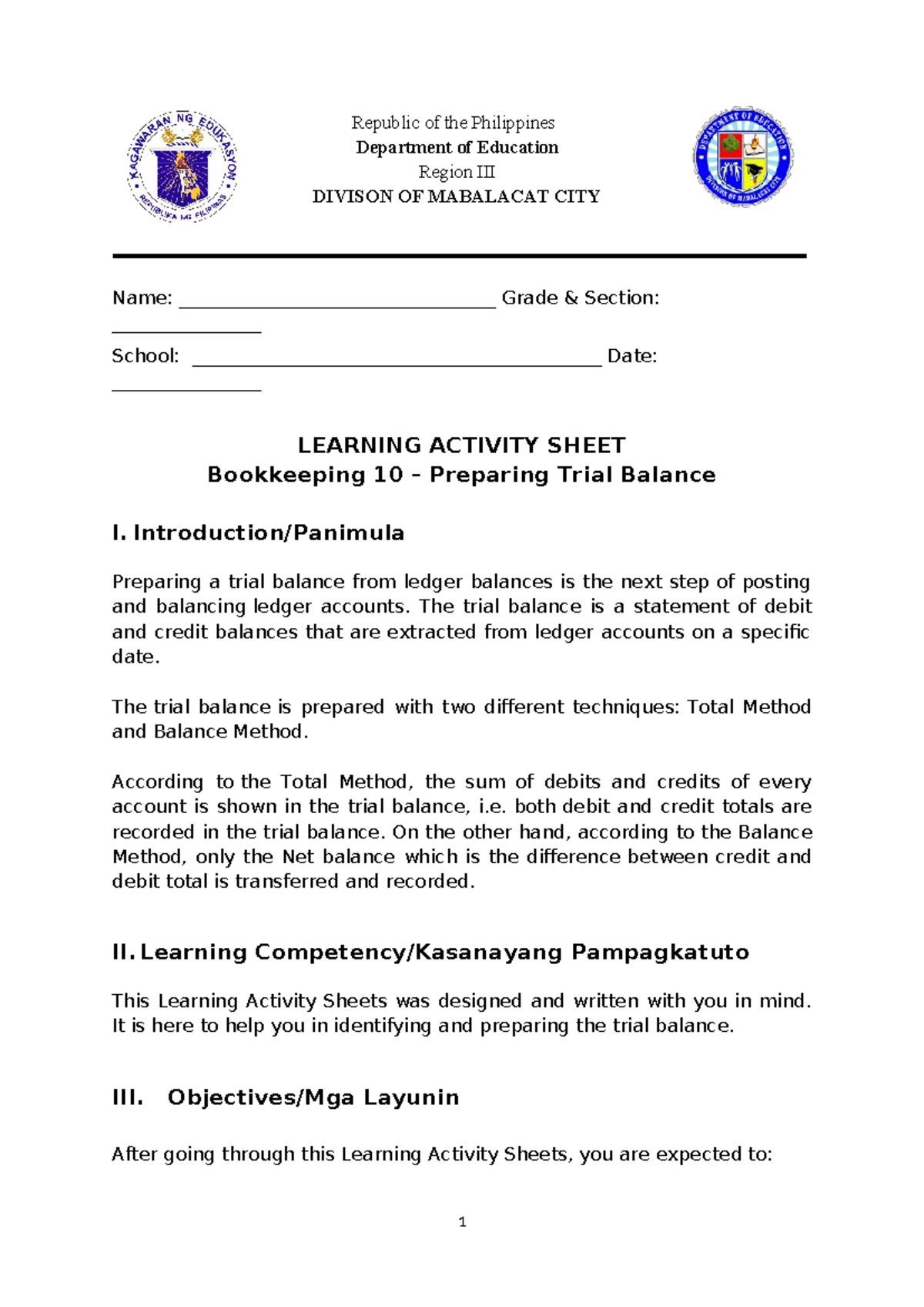 Bookkeeping 10 Q1 W7-Posting Trial Balance - Republic of the ...