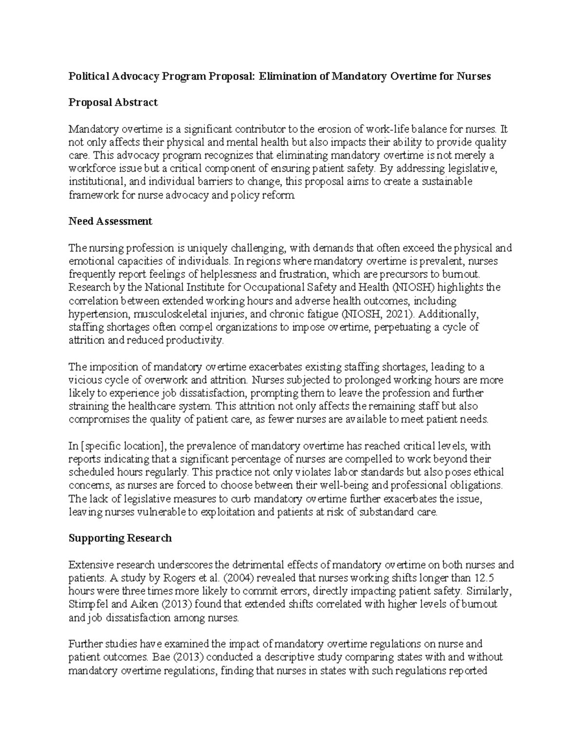 Political Advocacy Program Proposal: Ending Mandatory Overtime for ...