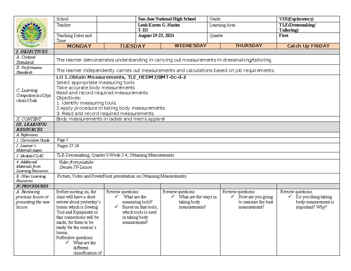 DLL TLE-Dressmaking Q1, W3-4: Daily Lesson Plan on Measurements - Studocu