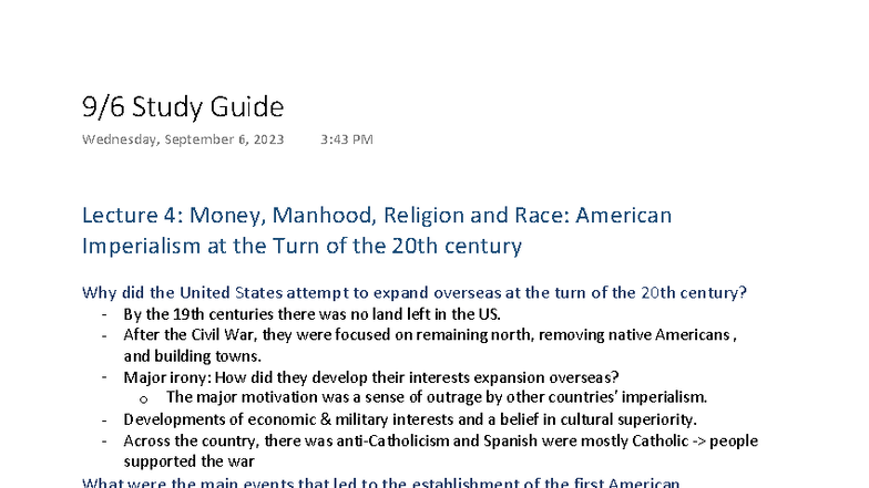 96 Study Guide - Lecture 4: American Imperialism & Its Motivations ...