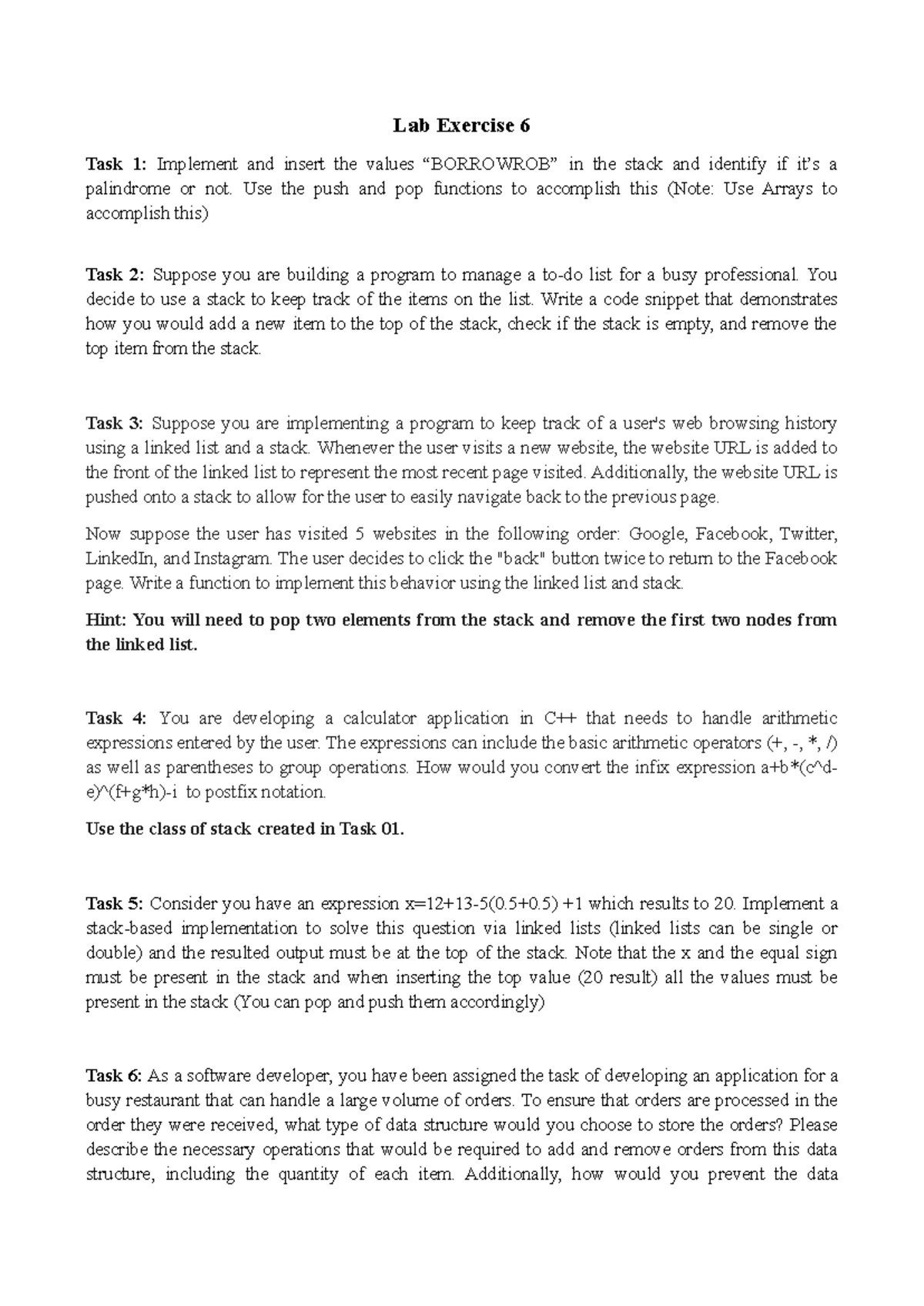 Lab Exercise 6: Stack Implementation & Palindrome Check Tasks - Studocu