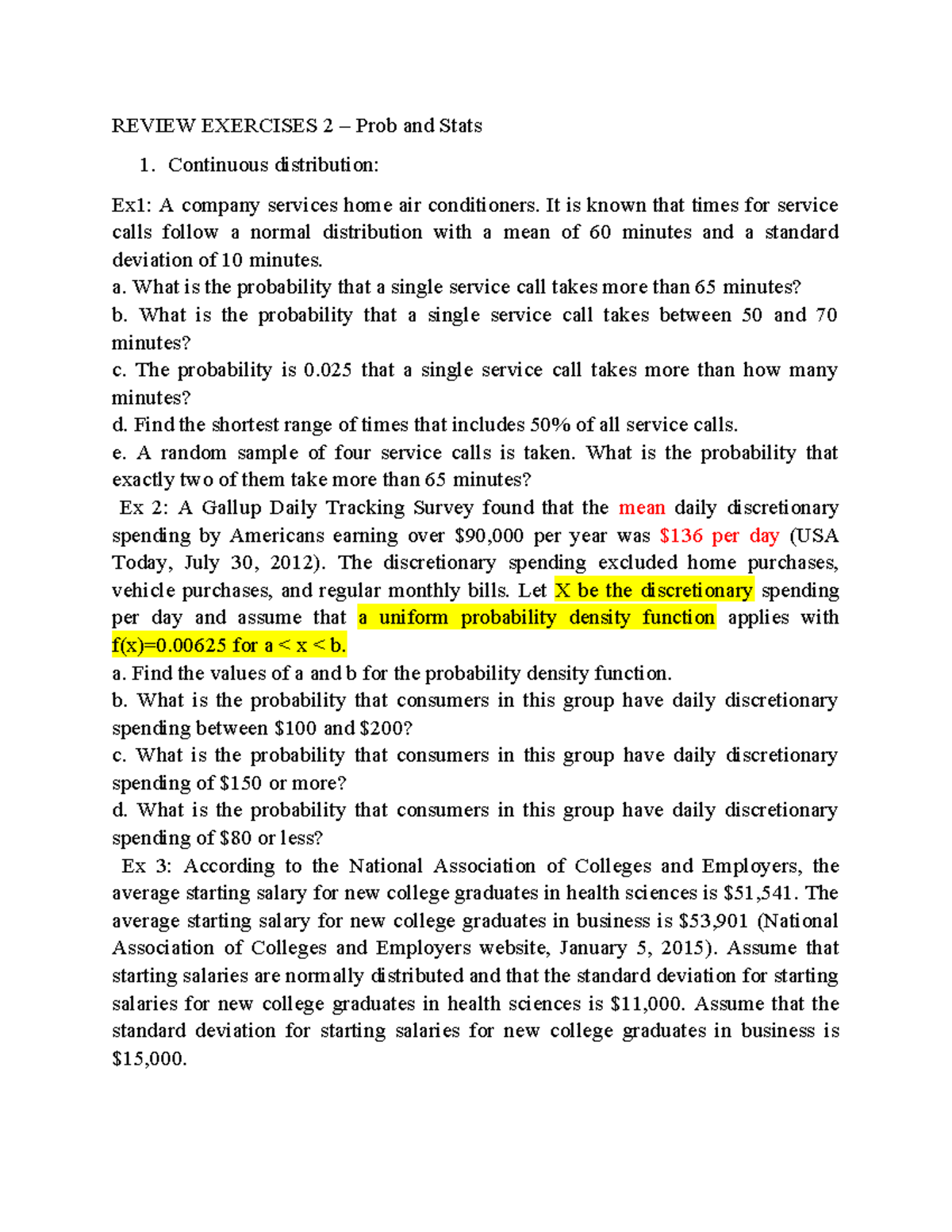 Review Exercises 2 - Probability and Statistics Concepts - Studocu