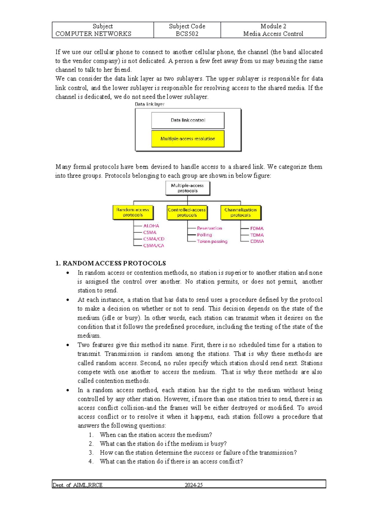 Module 2: Media Access Control in COMPUTER NETWORKS (BCS502) - Studocu