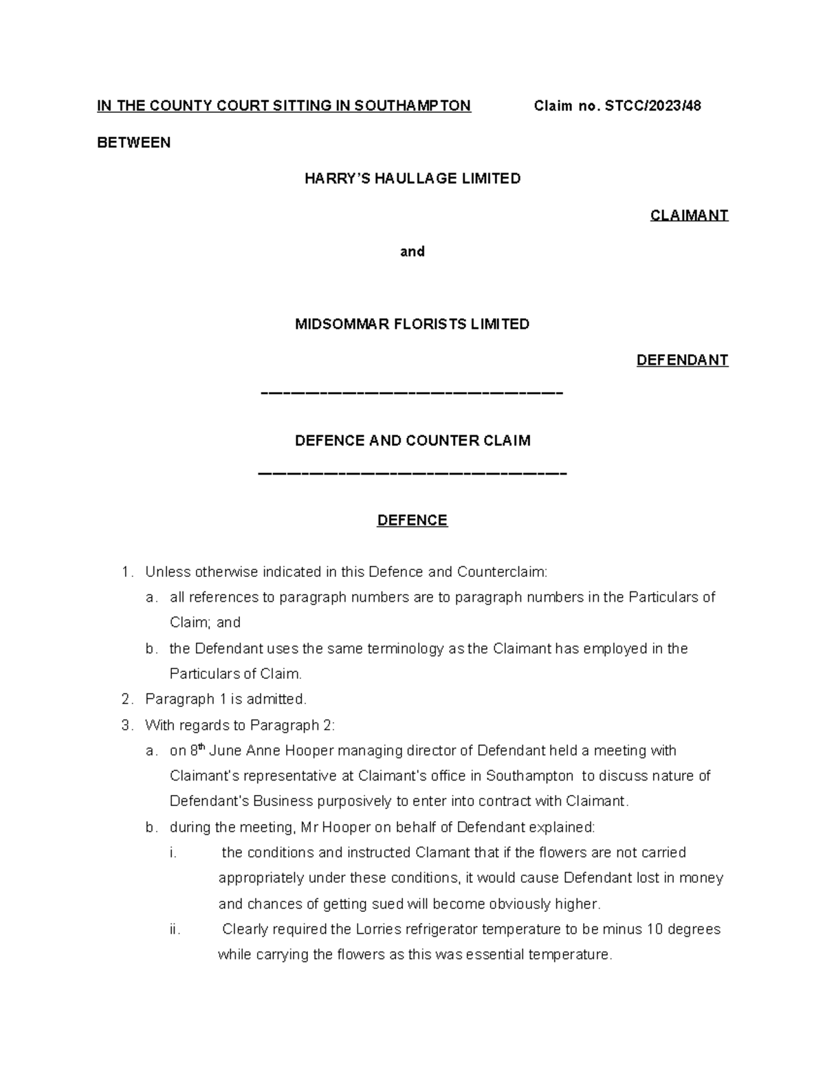 DAC - Defence and Counterclaim for Claim No. STCC/2023 - Studocu