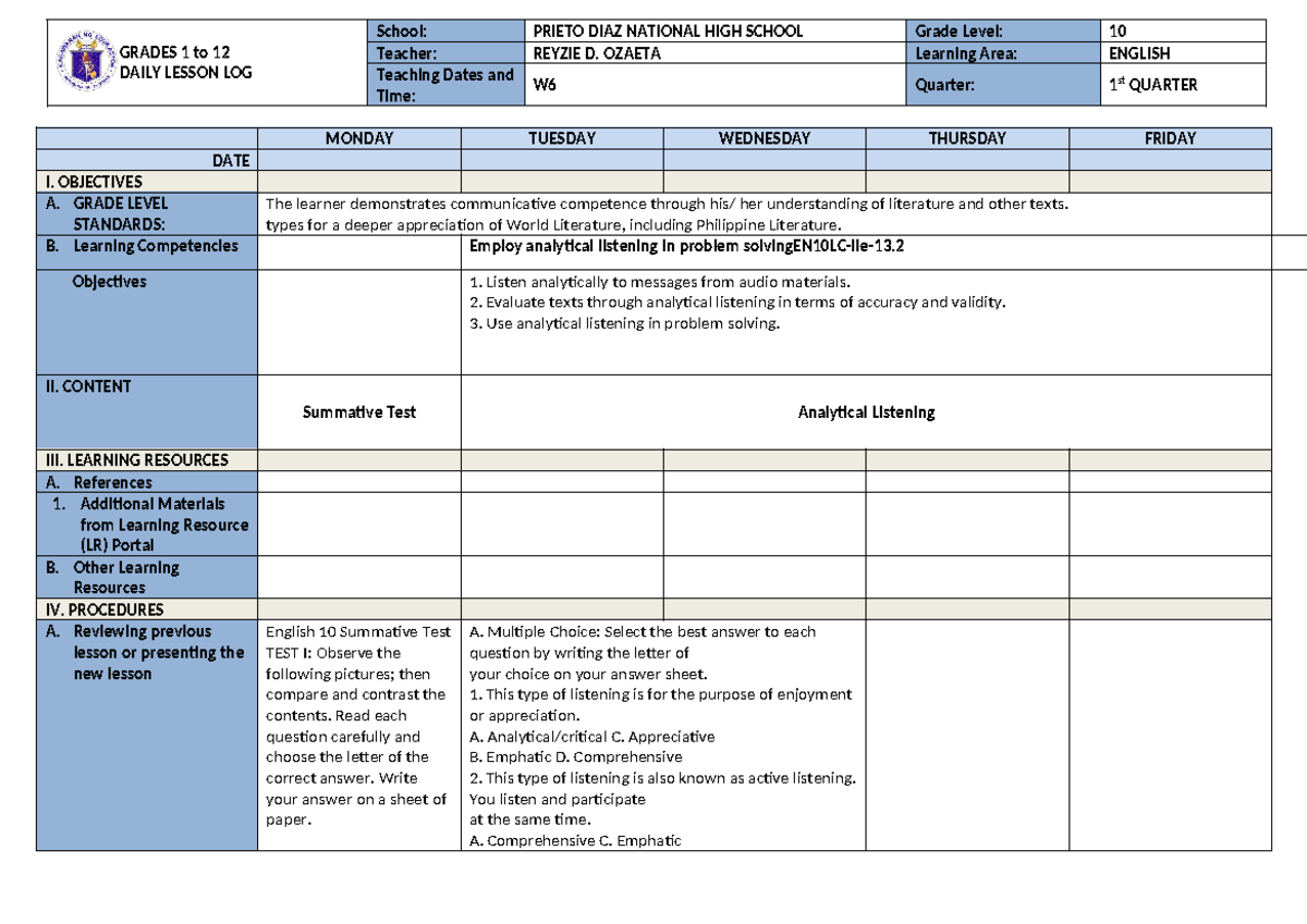 Week 8 - lesson plan - MONDAY TUESDAY WEDNESDAY THURSDAY FRIDAY DATE I ...