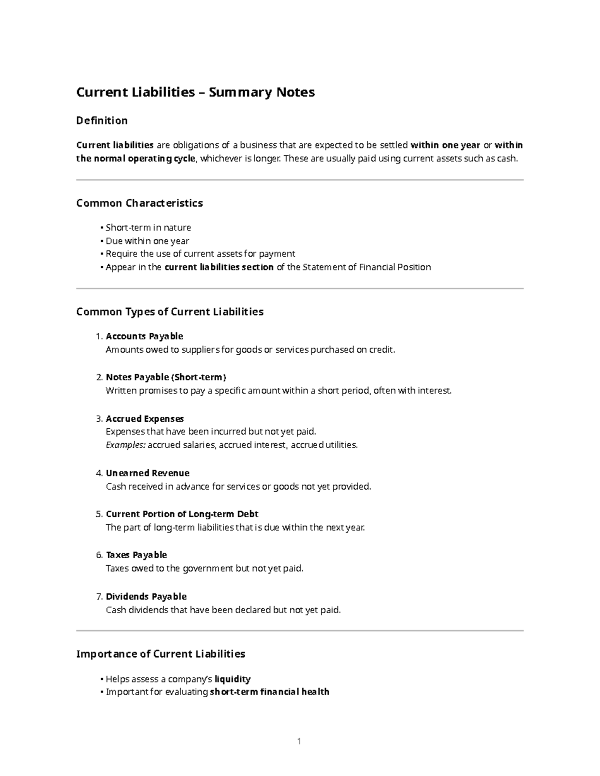 Current Liabilities (FIN 101) – Summary Notes and Definitions - Studocu