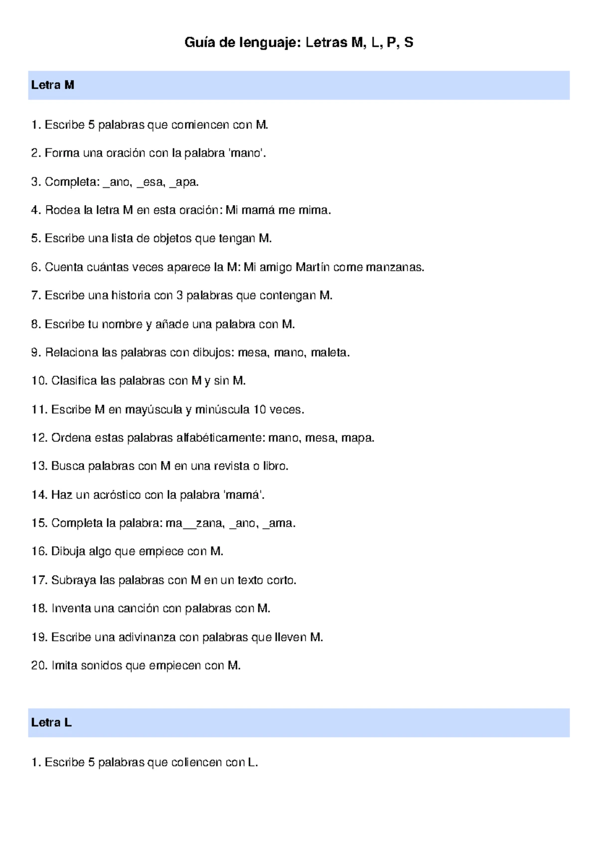 Guía de Lenguaje: Letras M, P, L, S - Actividades y Ejercicios - Studocu