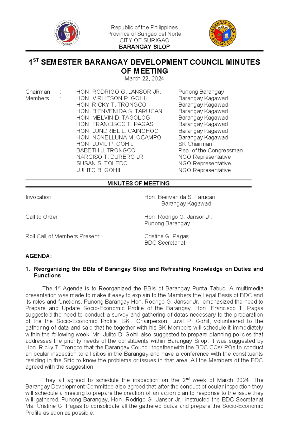 BDC Minutes of Meeting - Barangay Silop 1st Semester 2024 - Studocu