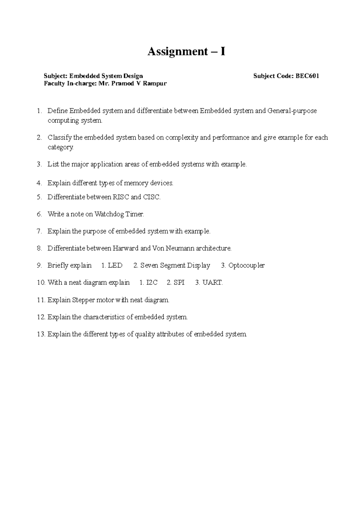 BEC601 Assignment I: Embedded System Design Overview - Studocu
