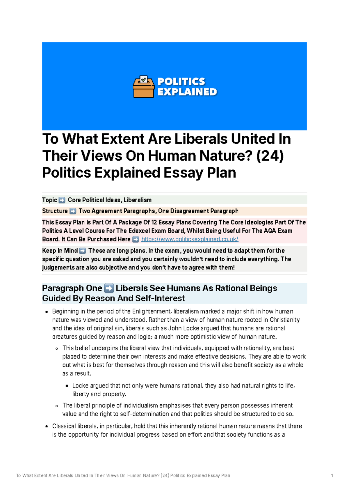 Liberalism: United on Human Nature? (24) Politics Explained Essay Plan ...