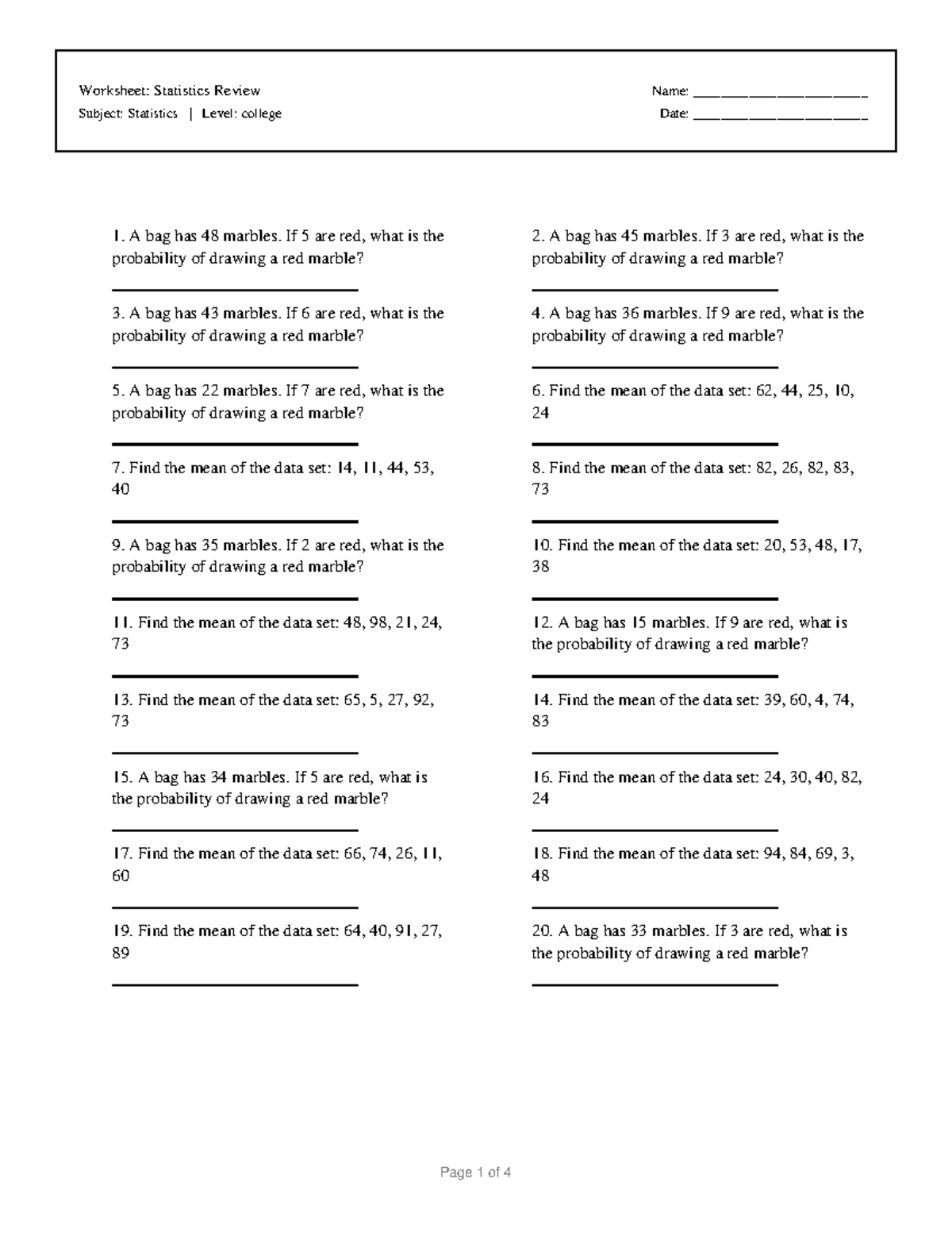 Statistics Review Worksheet: Probability & Mean Calculations - Studocu