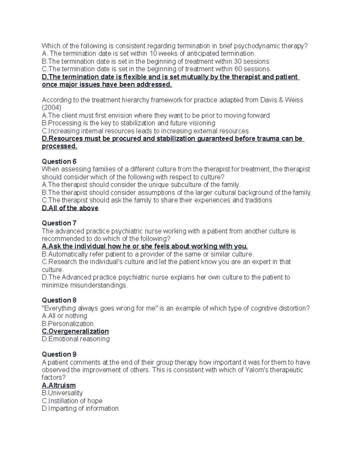 Midterm Exam Practice - Psychotherapy & Therapy Techniques Insights ...