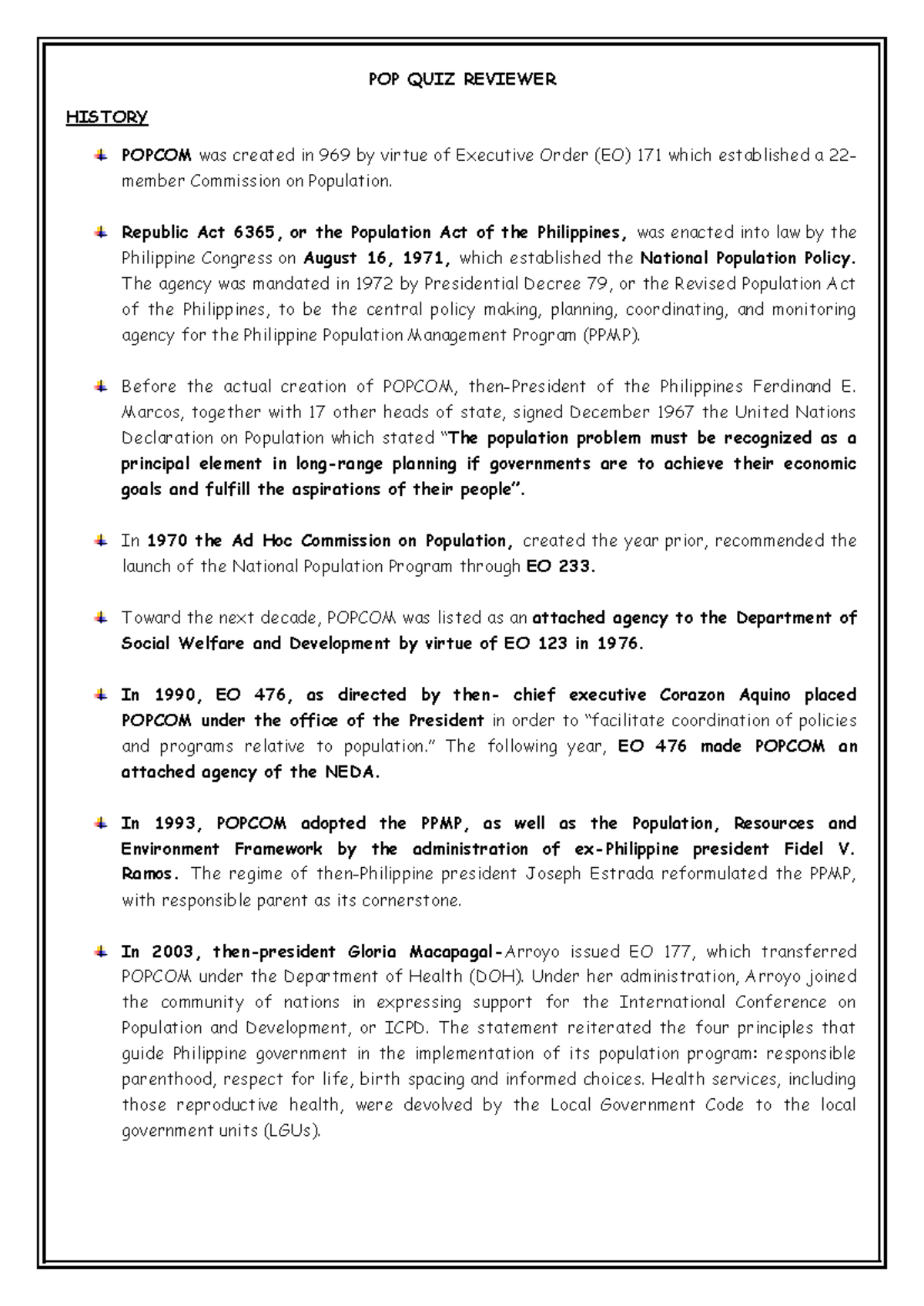POP QUIZ Reviewer on POPCOM and Population Policy History - Studocu