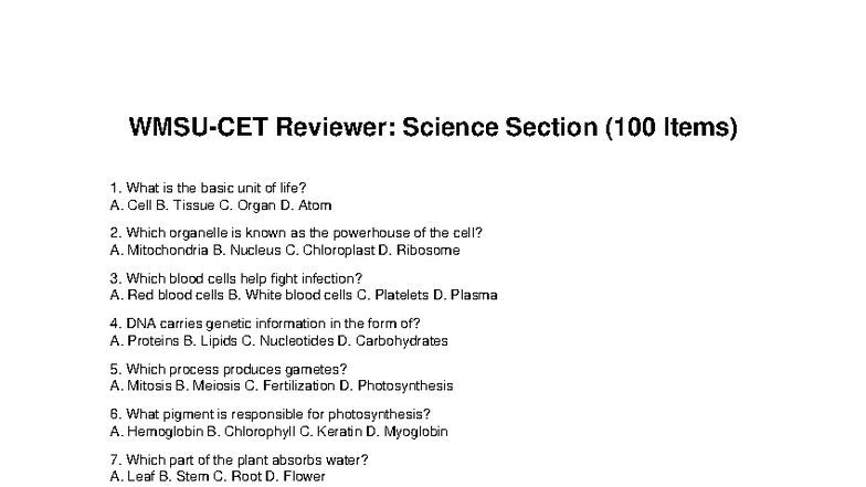 WMSU CET Science Reviewer: 100 Essential Questions - Studocu