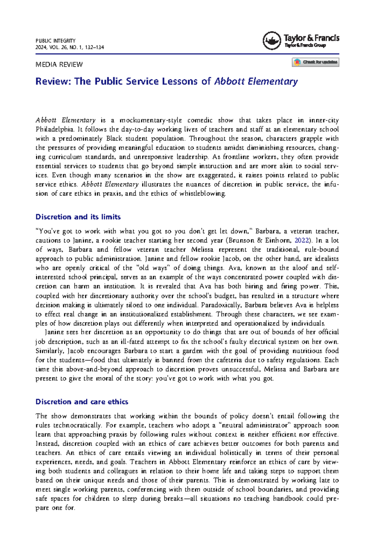 Media Review: Public Service Ethics in Abbott Elementary (PPA 101 ...