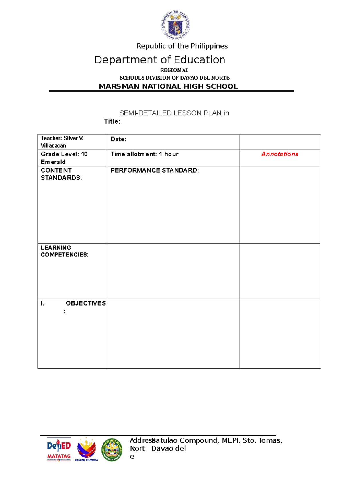 COT SEMI-Detailed Lesson Plan for Grade 10 - Teacher: Silver V ...
