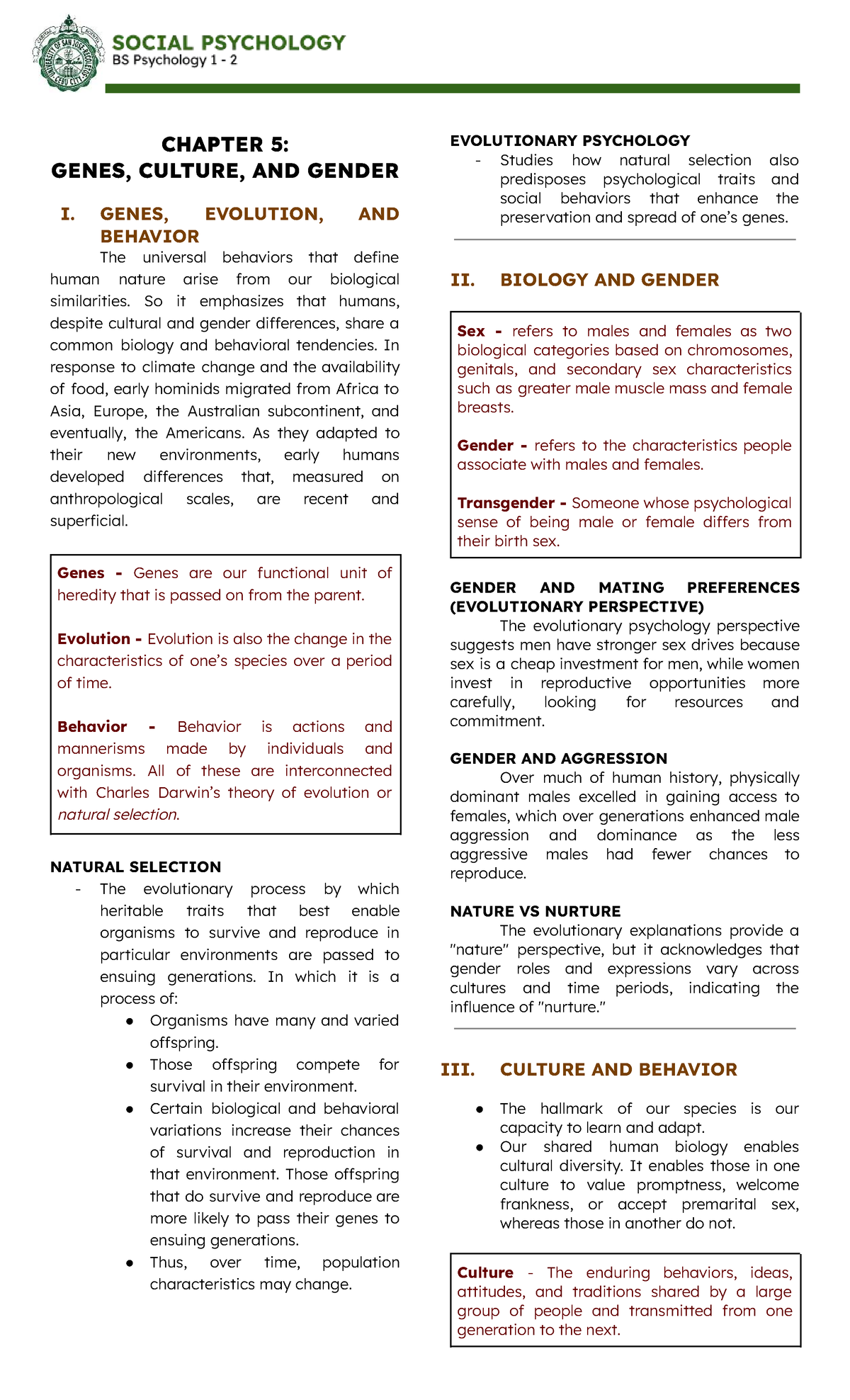 Genes, Culture, and Gender Handout - CHAPTER 5: GENES, CULTURE, AND GENDER I. GENES, EVOLUTION ...