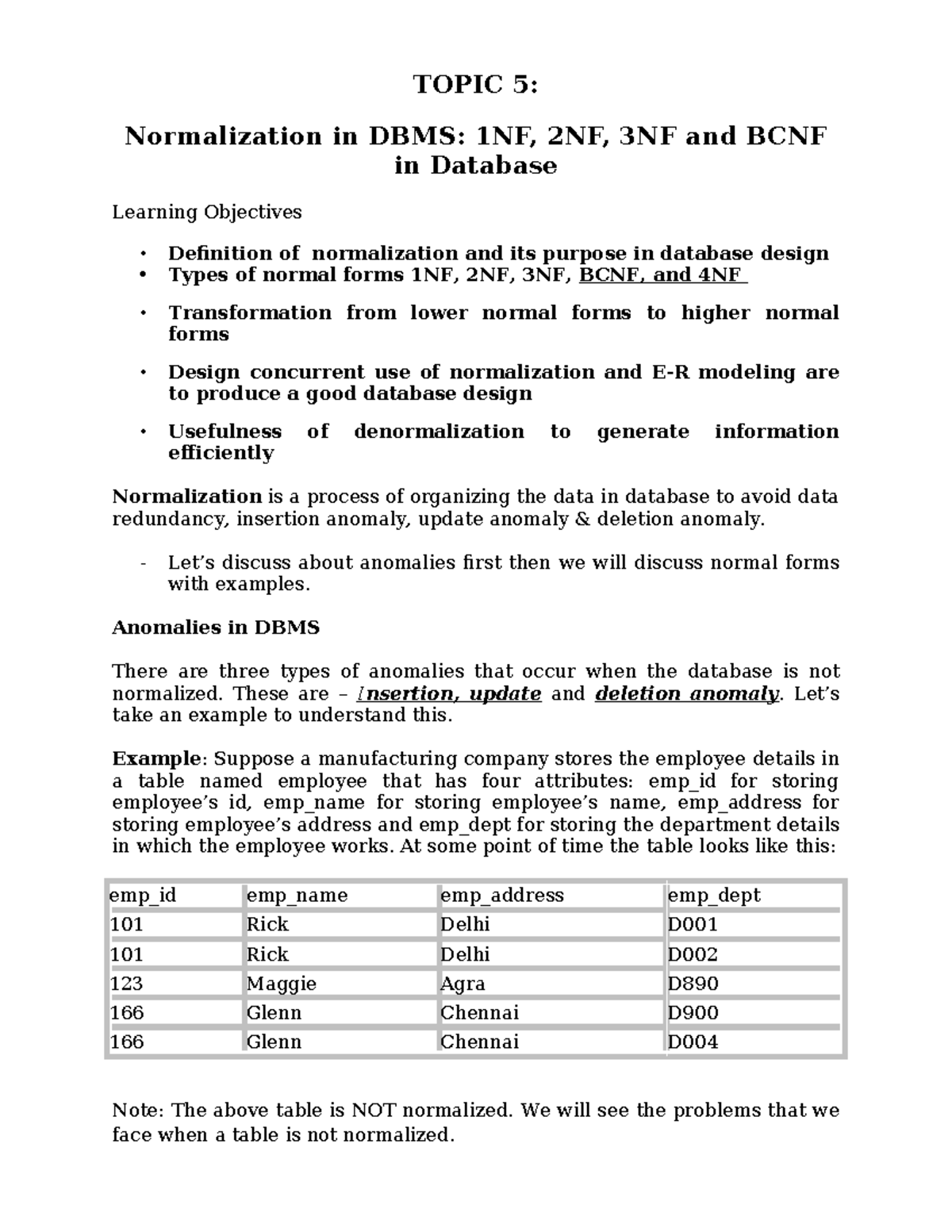 Topic 5: Normalization in DBMS - Understanding 1NF, 2NF, 3NF & BCNF - Studocu