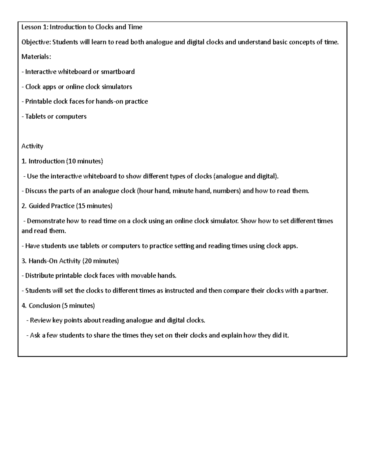 Lesson Plan 2024: Introduction to Clocks and Elapsed Time Activities ...
