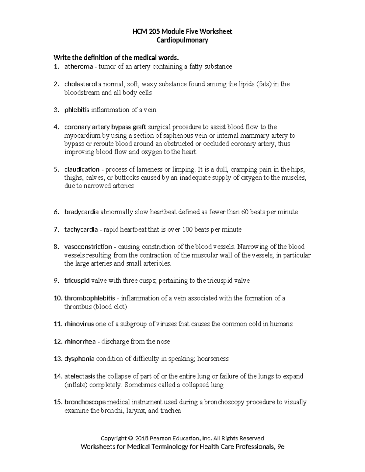 HCM 205 Module 5 Worksheet: Cardiopulmonary Medical Terminology ...