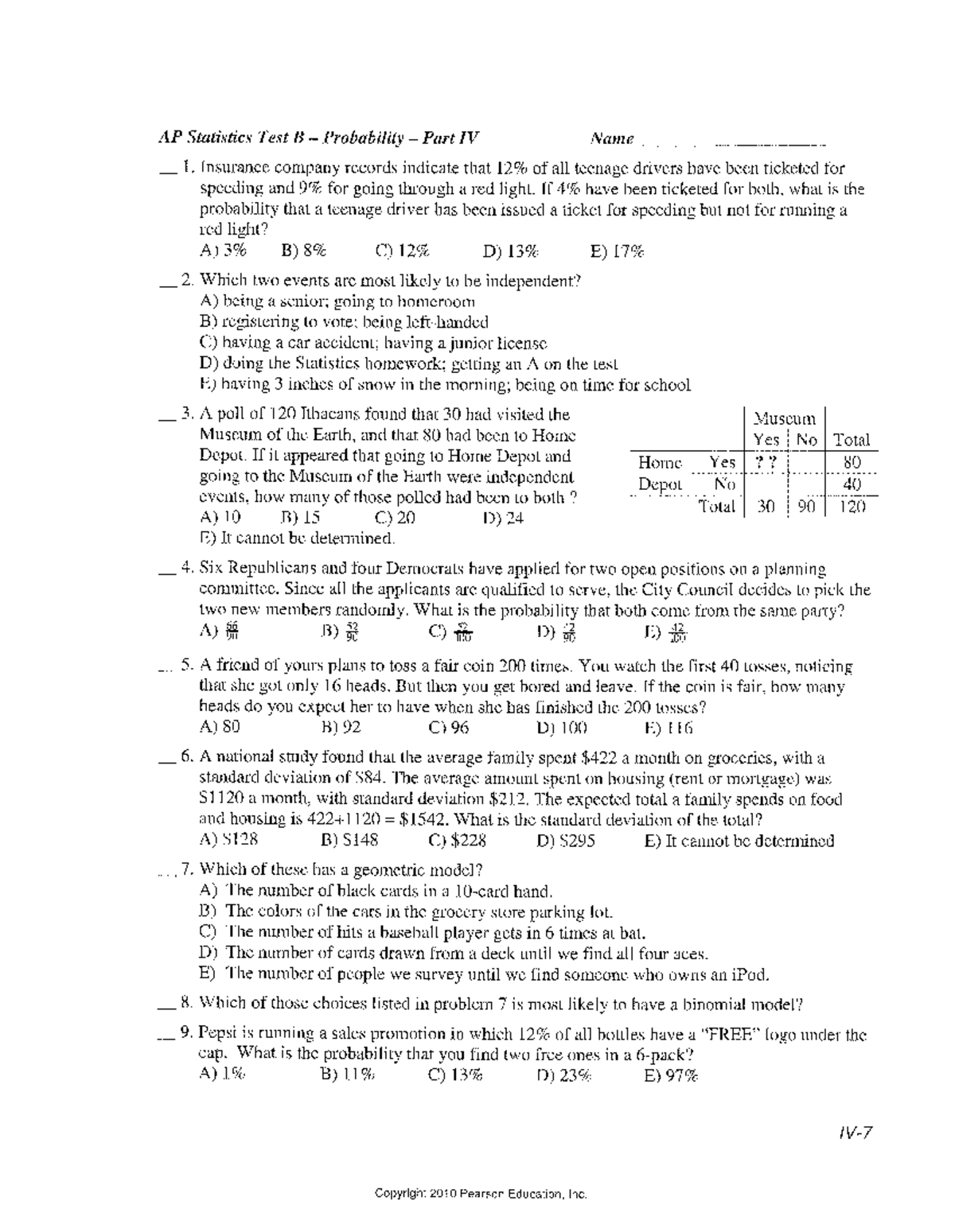 AP Statistics Unit 4 Test B Retake: Probability Concepts - Studocu