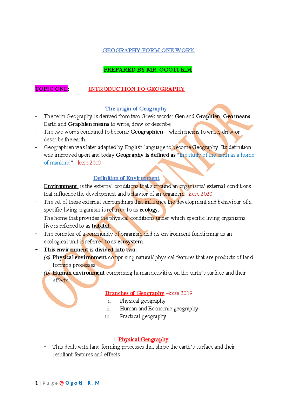 GEOGRAPHY FORM ONE NOTES - MR. OGOTI R.M: INTRODUCTION TO GEOGRAPHY ...