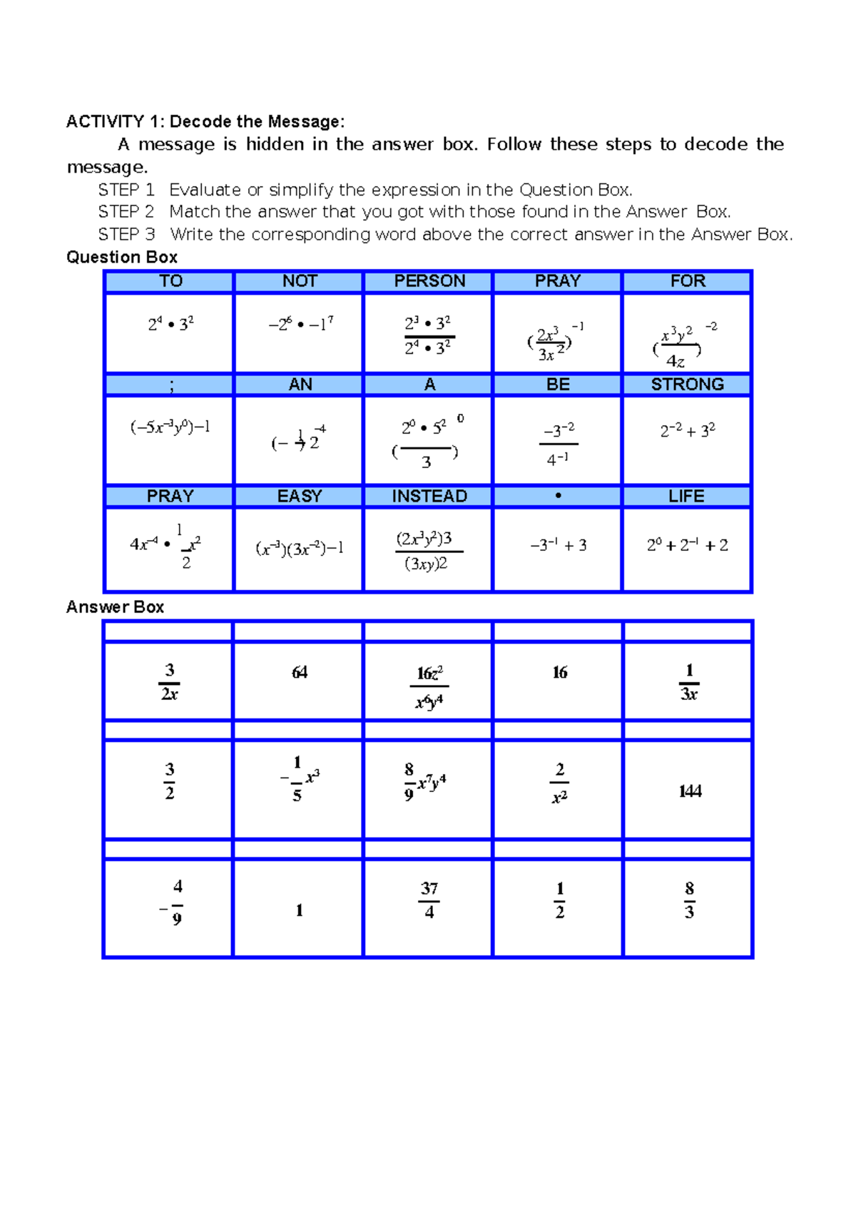Activity 1 - activities in math 9 - ACTIVITY 1: Decode the Message: A ...