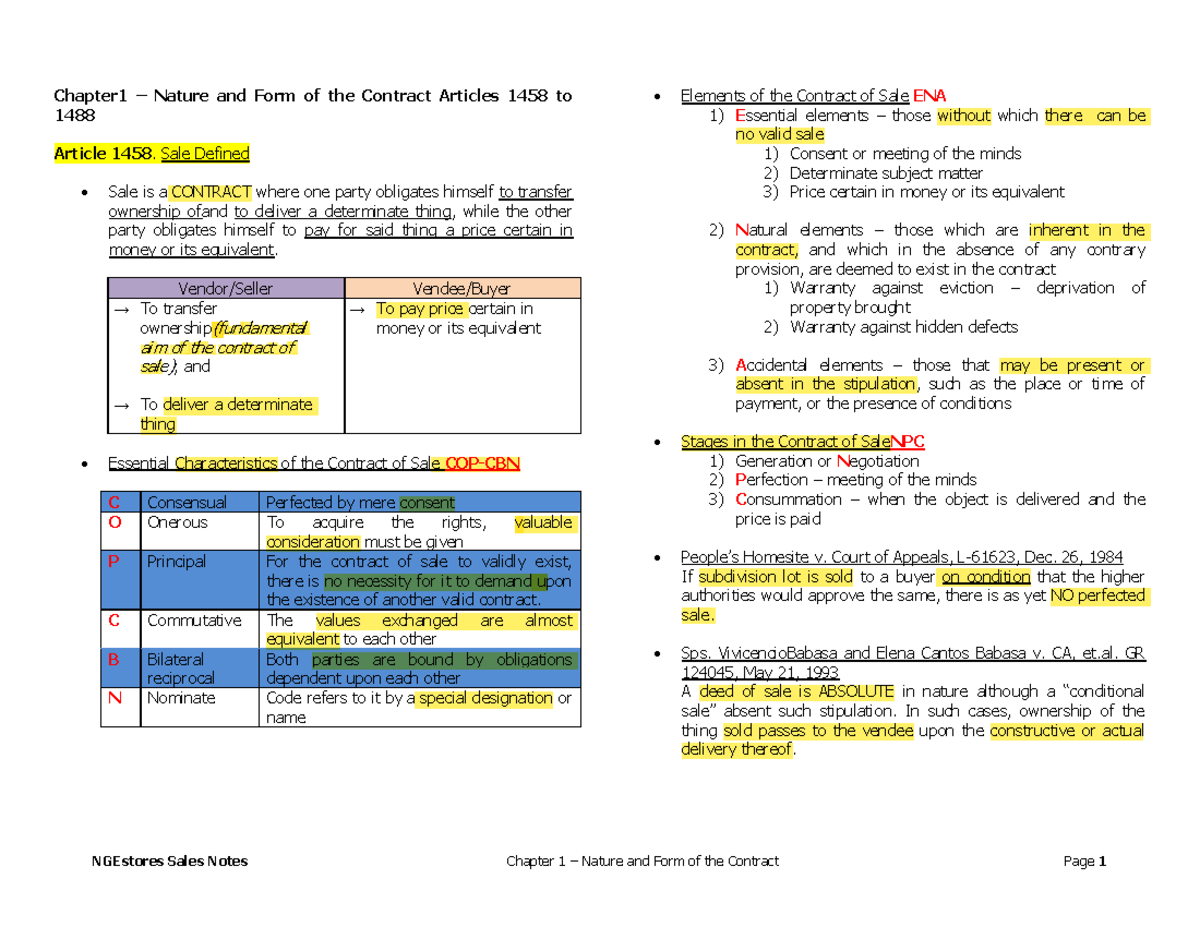 Chapter 1: Nature and Form of the Contract (Articles 1458-1488) - Studocu