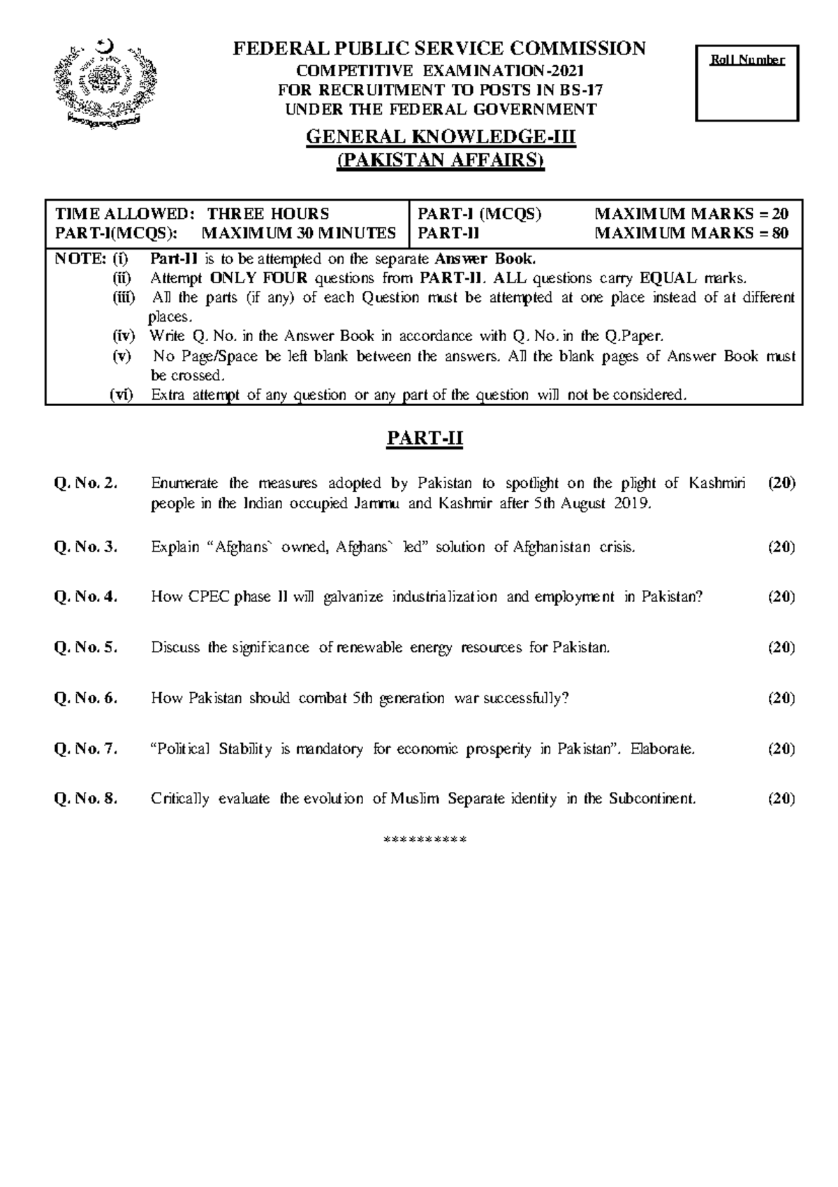 CSS Pakistan Affairs Past Paper 2021 - Competitive Exam - Studocu