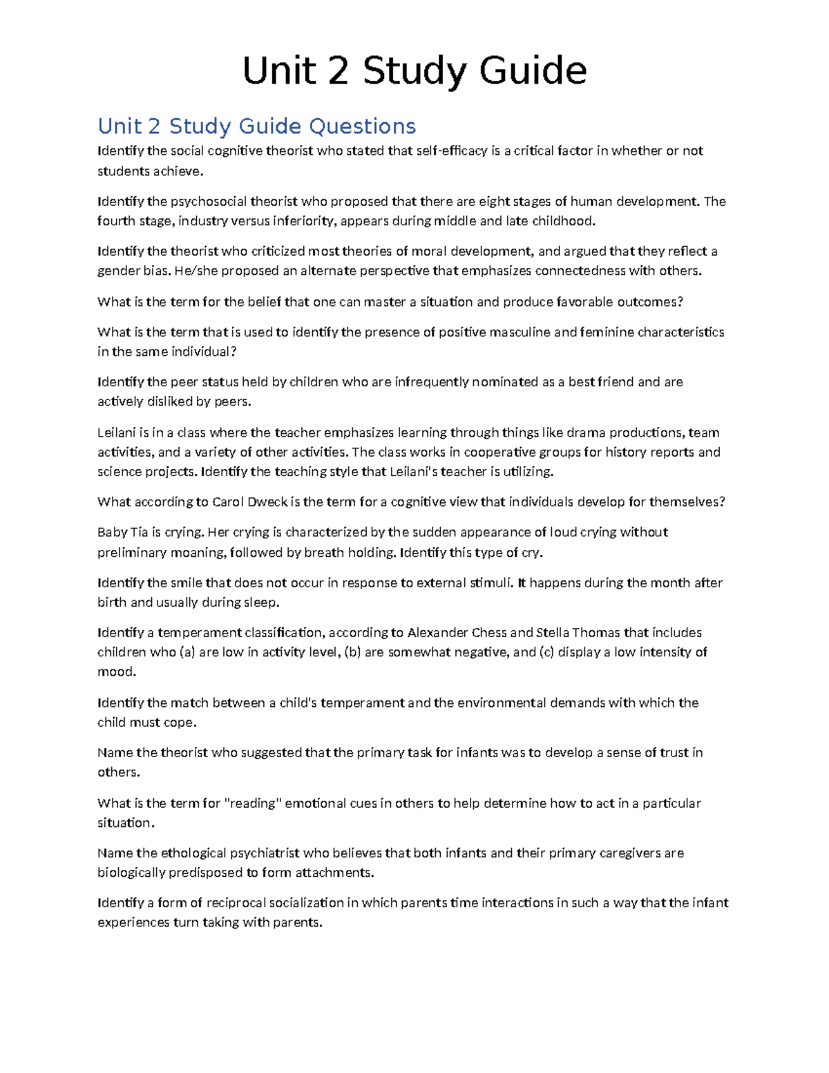 Unit 2 Study Guide: Key Theorists and Concepts in Developmental Psychology - Studocu