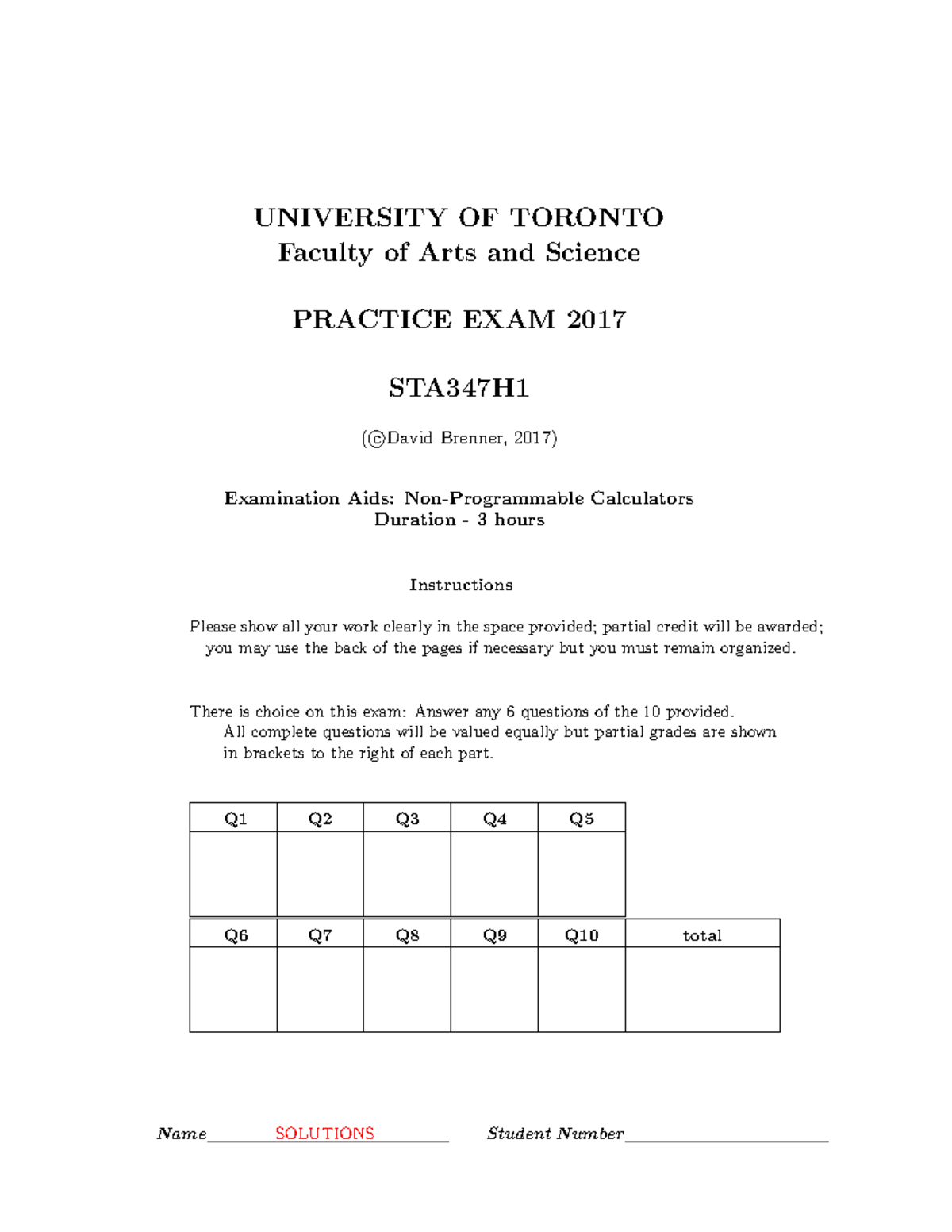Practice Exam Solutions for STA347H1 - 2017 - Studocu
