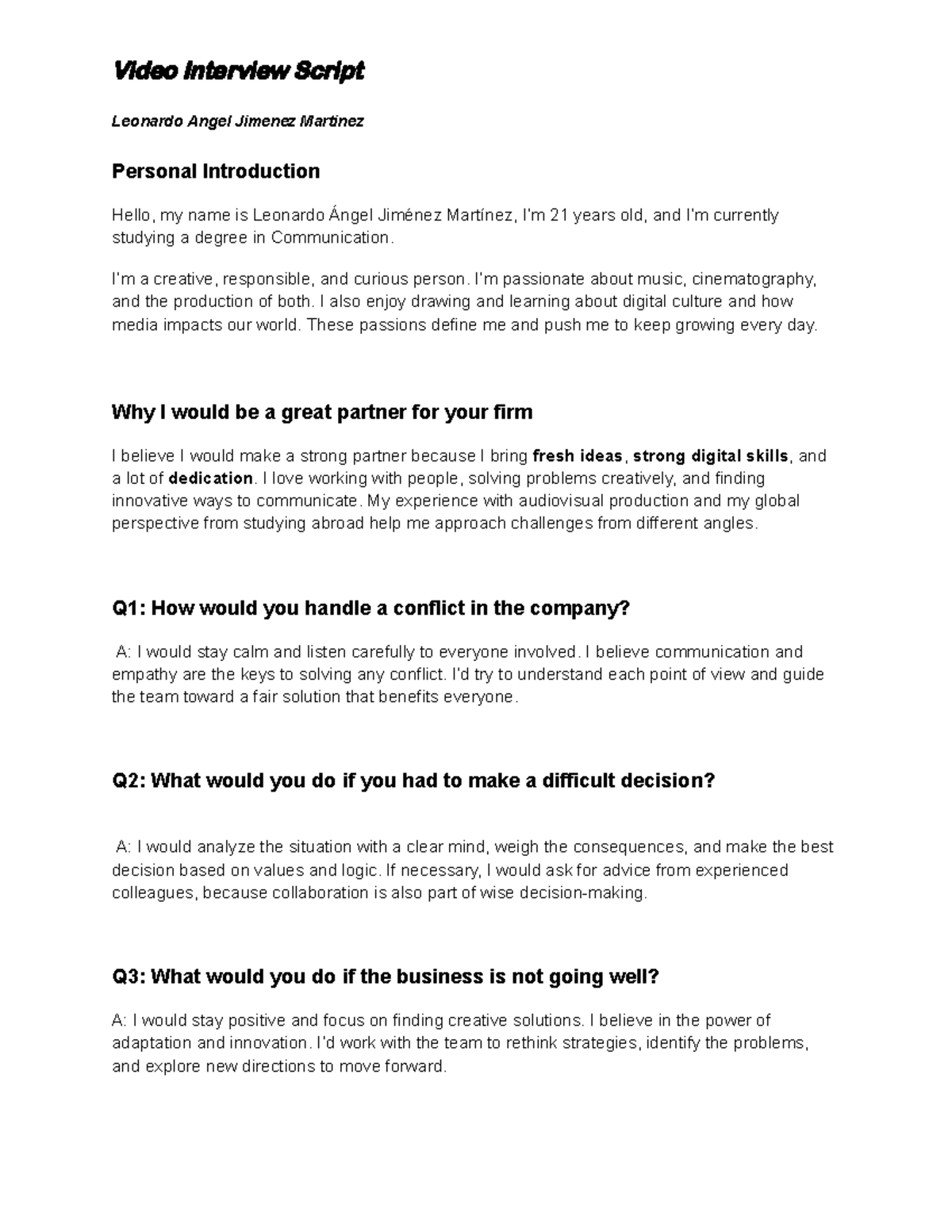 Video Interview Script - Documentos de Google - Video Interview Script ...