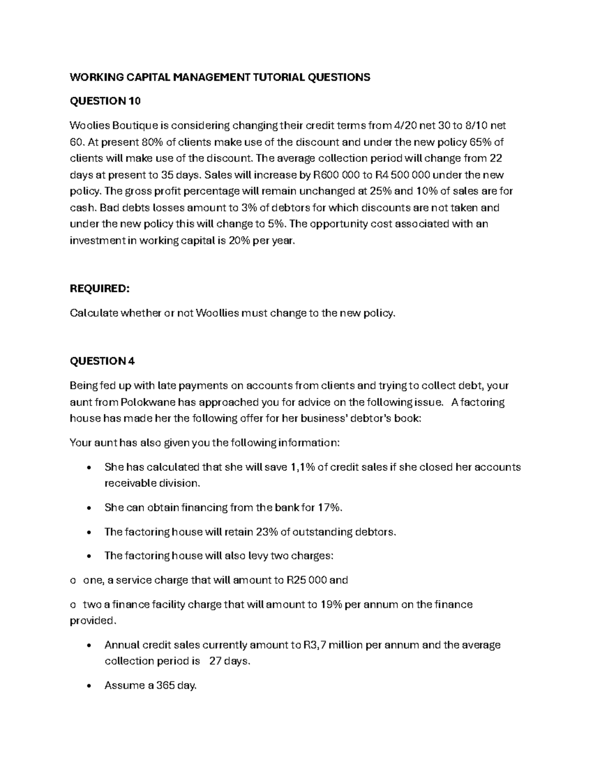 Working Capital Management Tutorial Questions - Analysis & Advice - Studocu