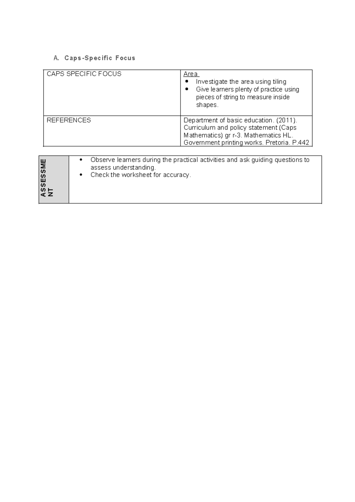 CAPS Area Lesson Plan for Year 3 and 4 Mathematics - Studocu