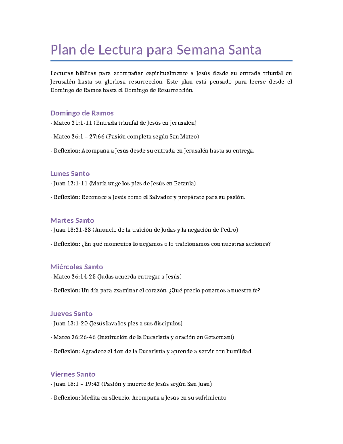 Plan de Lectura Semana Santa: Reflexiones y Lecturas Bíblicas - Studocu