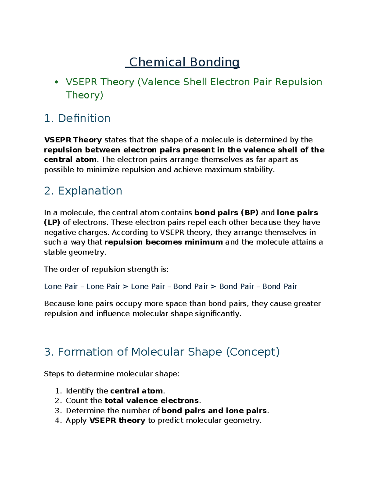 Chemical Bonding – VSEPR Theory (JEE Main Chemistry Notes) - Studocu