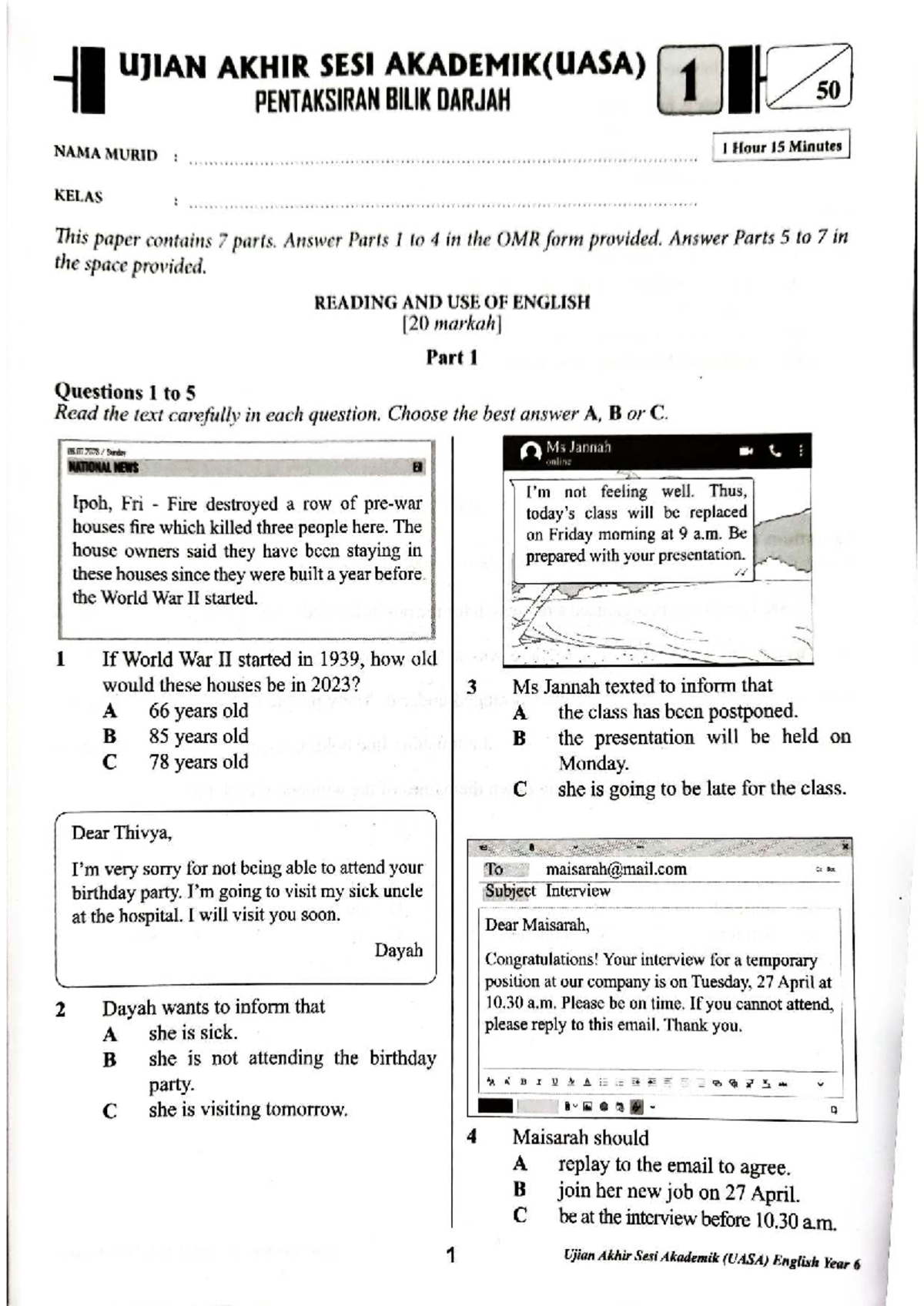 Ujian Akhir Sesi Akademik (UASA) English Year 6 Exam Paper - Studocu
