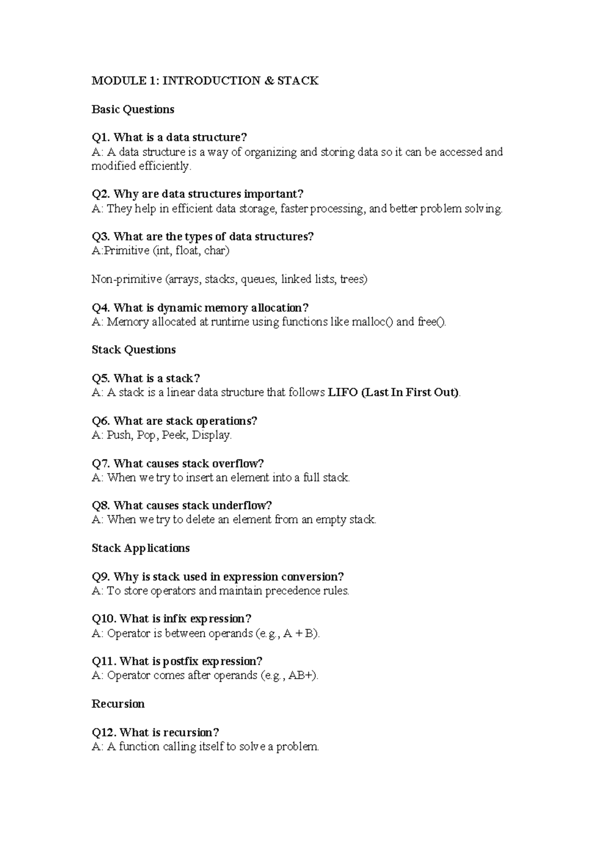 MODULE 1: DATA STRUCTURES & ALGORITHMS - Basic Concepts & Q&A - Studocu