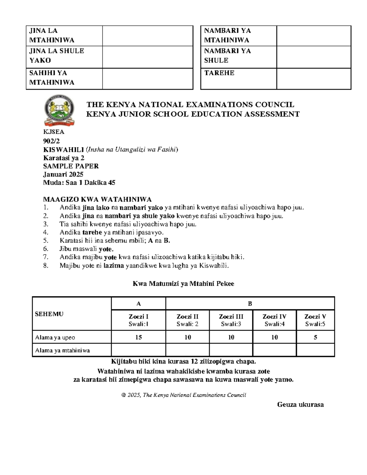 Kiswahili P2 - KJSEA Sample Exam Paper for 2025 Assessments - Studocu