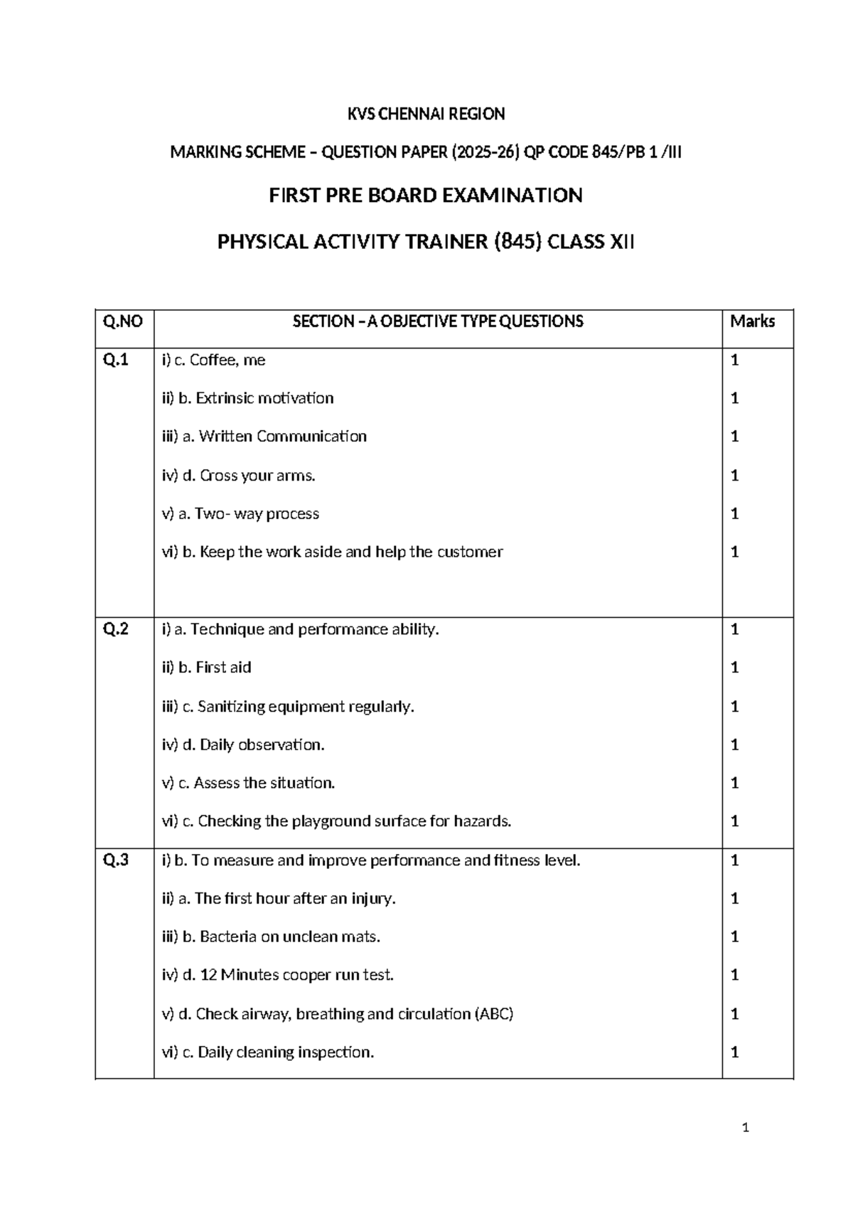 KVS Chennai Region Class XII PAT (845) First Pre-Board Exam QP Marking ...