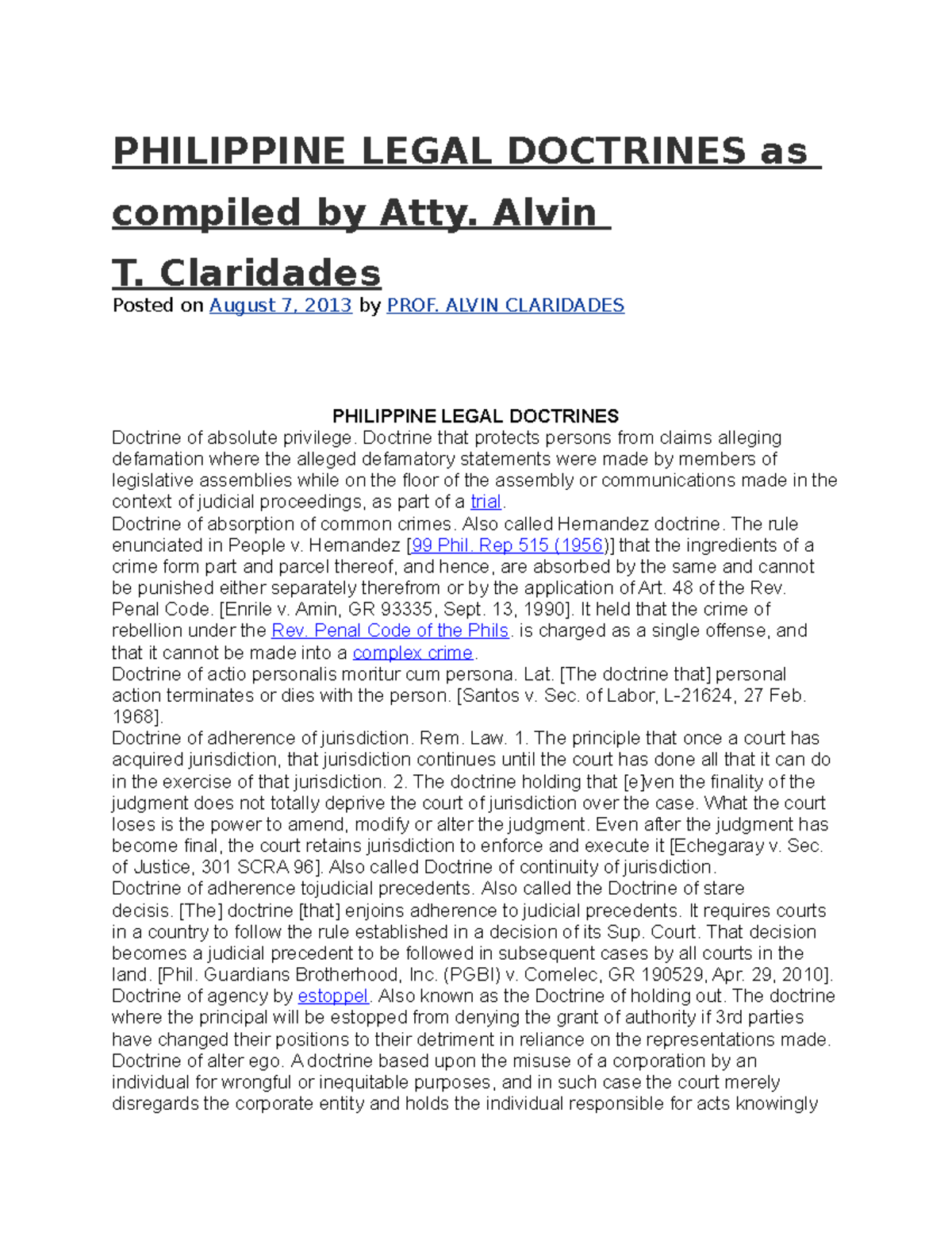 Legal Doctrines - Law - PHILIPPINE LEGAL DOCTRINES as compiled by Atty ...