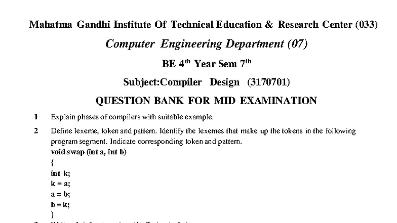 CD 3170701 MID EXAM QUESTION BANK for Compiler Design - Studocu