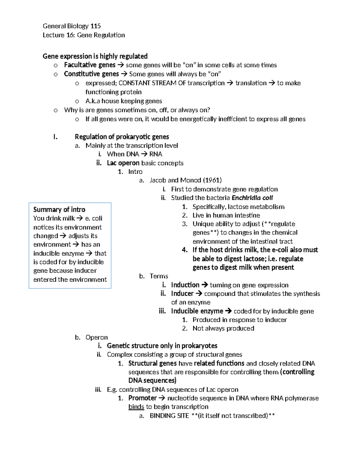General Biology 115 Lecture 16: Gene Regulation Overview - Studocu