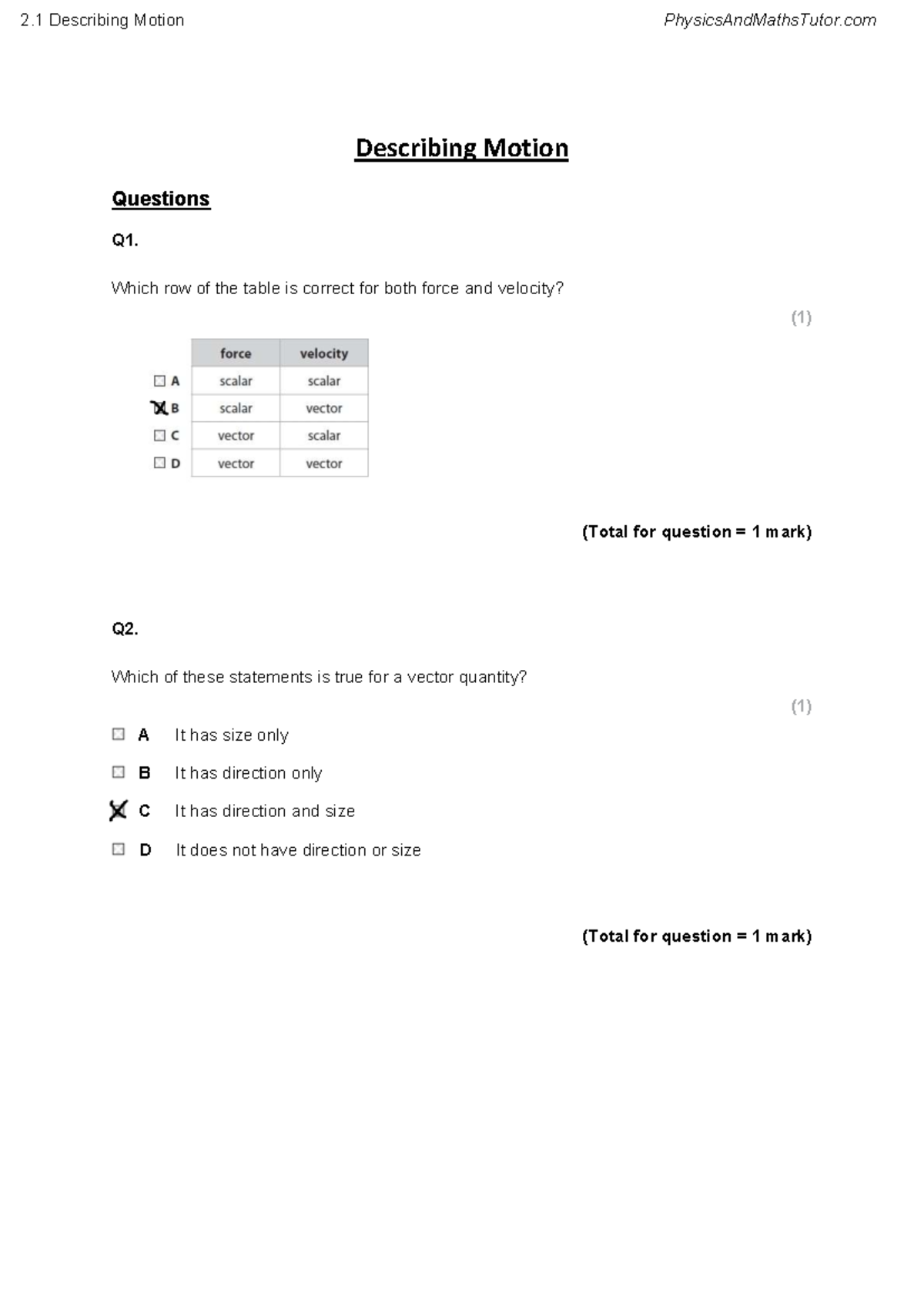 2.1 Describing Motion - Practice Questions and Answers - Studocu