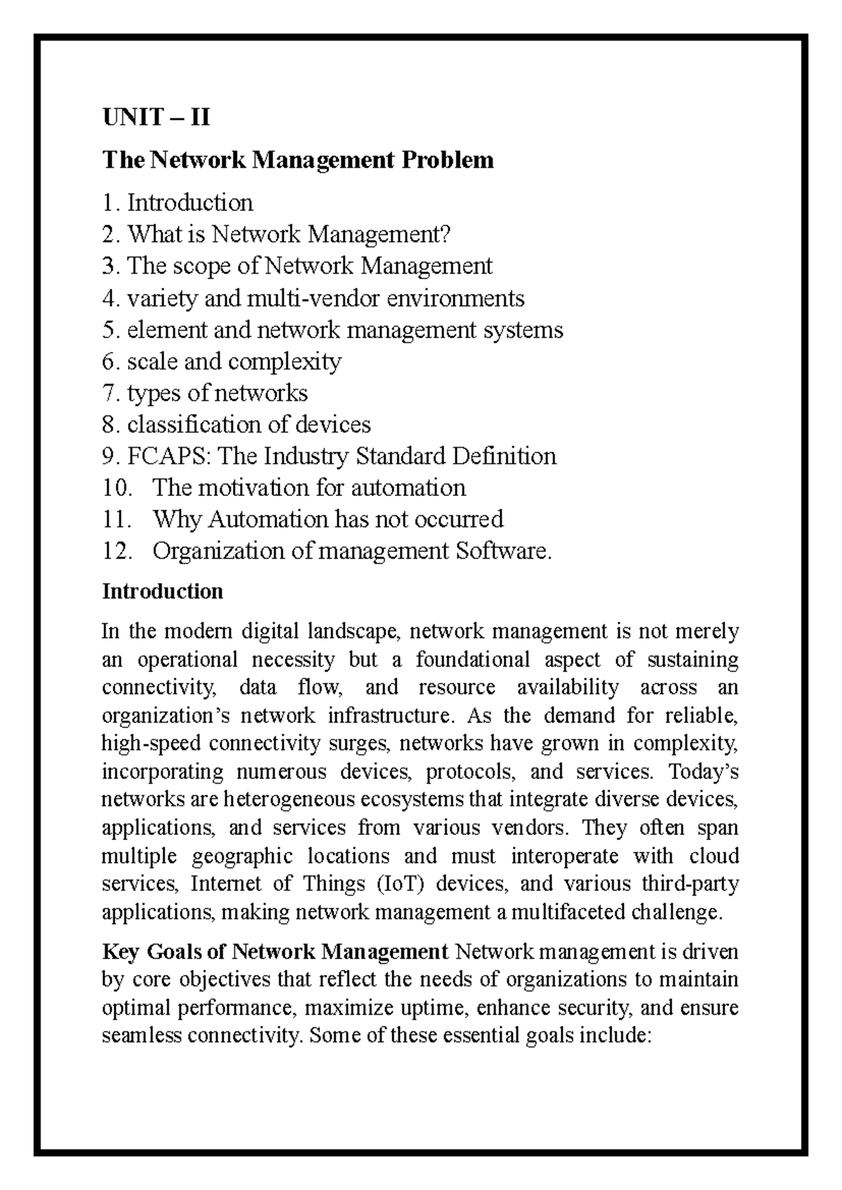 UNIT-II - notes - UNIT – II The Network Management Problem 1 ...