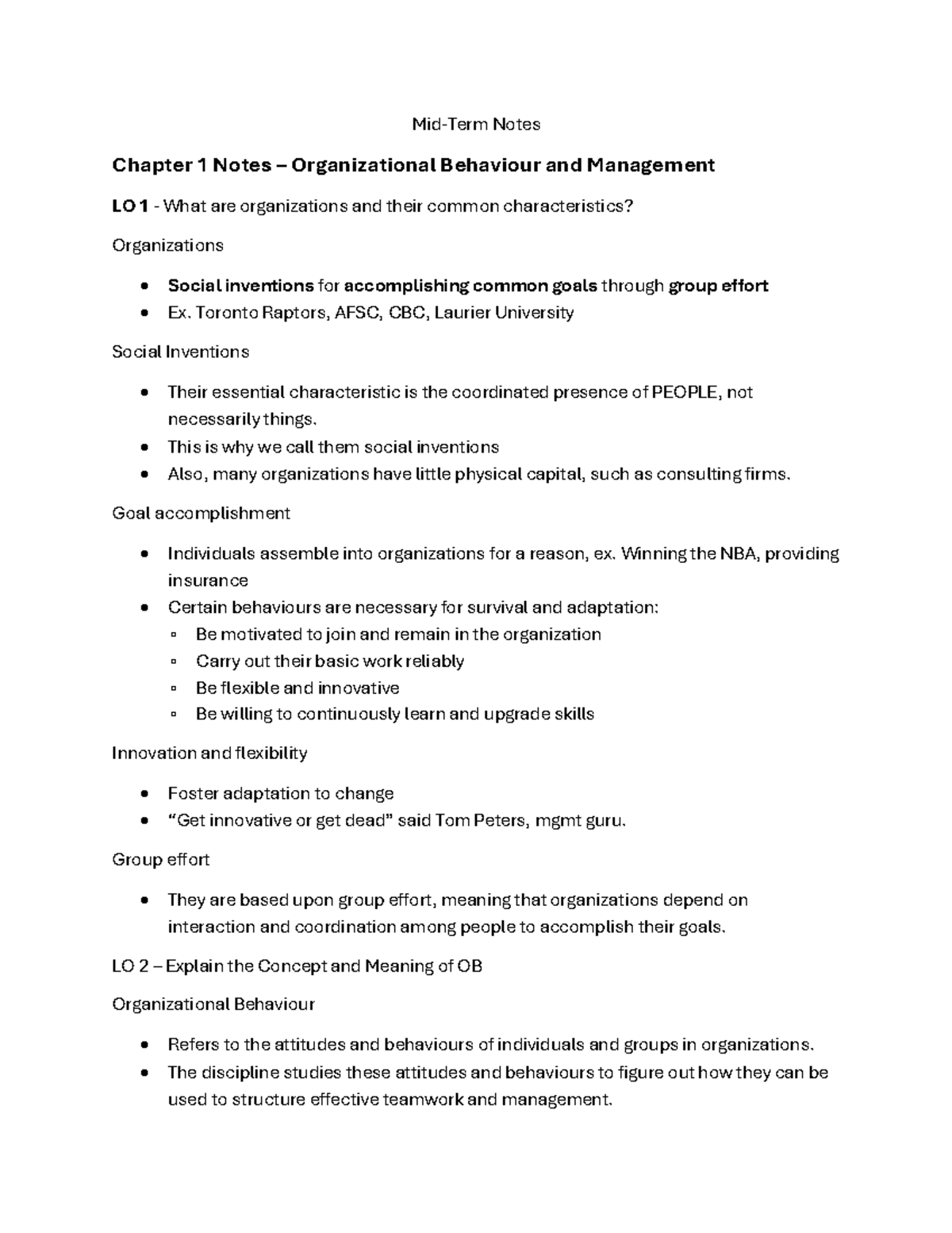 BU288 Mid-Term Notes: Organizational Behaviour & Management Insights ...