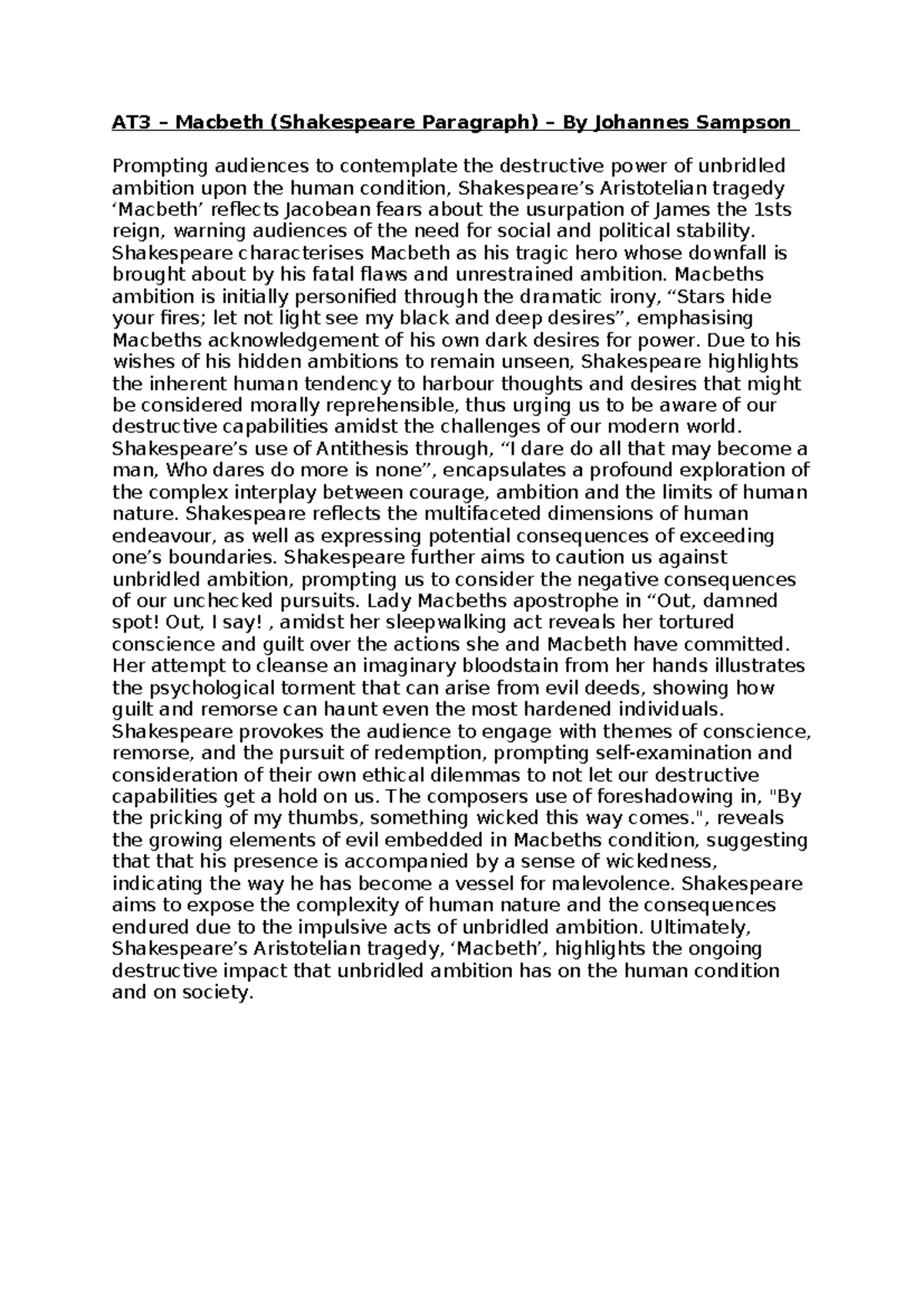 AT3 - Macbeth (Shakespeare Paragraph) - Shakespeare characterises ...
