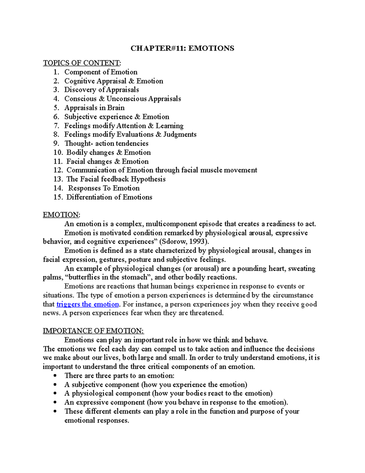 CHAPTER 11: EMOTIONS - COMPONENTS, APPRAISALS & THEORIES - Studocu